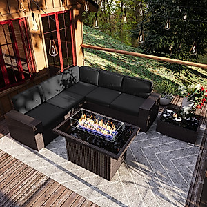 Vakollia 7 Pieces Patio Furniture Set with 44" Propane Gas Fire Pit Table, Outdoor Sectional Brown Rattan Wicker Conversation Sofa Sets with Coffee Table