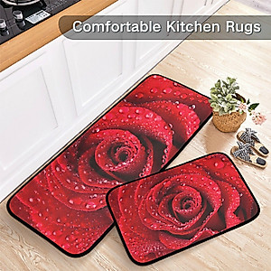 Kigai [2 PCS Red Roses Anti Fatigue Mats for Kitchen Floor Non-Slip Waterpoof Kitchen Rugs Soft and Cushioned Kitchen Mats for Standing, Floor, Office, Laundry, Sink