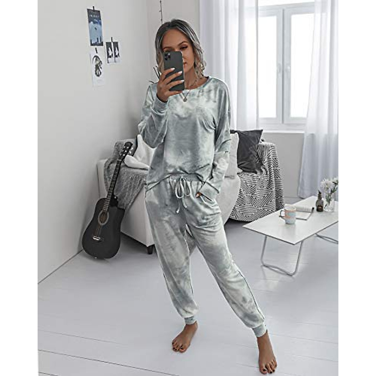PRETTYGARDEN Women's Tie Dye Two Piece Tracksuit Set Long Sleeve Sweatshirt with Long Pants (Grey,Small)