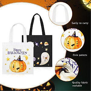 LEIFIDE 2 Pieces Halloween Bag Reusable Canvas Candy Bag Large Happy Halloween Pumpkin Bag Ghost Goody Bag for Halloween Party Favor Grocery Shopping, 12.99 x 12.6 Inch
