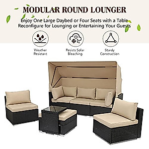 LEISU 7 Pieces Patio Furniture Sets, Outdoor Daybed with Canopy Adjustable Backrest, Sectional Seating with Washable Cushions Rectangle Sunbed for Backyard Garden Poolside (Khaki)