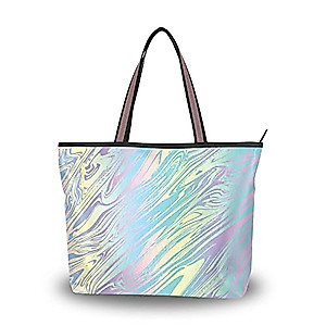 Bolaz Tote Bag with Pockets for Women Rainbow Marble Colorful Art Shoulder Bag Handbags Zipper Work Small Travel Office Business