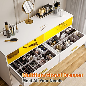 EnHomee Dresser for Bedroom, White Dresser with LED, Chests of Drawers, 6 Drawers & 2 Shelves for Bedroom, Wood Chests of Drawers, Large Space Saver Furniture