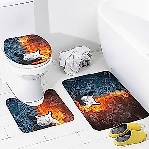 Fantasy Music Theme Guitar Shower Curtain Sets 4 Piece,Boys Room Decor Fire Water Flame Mist Electric Guitar Bathroom Decor Sets with Rugs Include Waterproof Non-Slip Toilet Lid Cover Bath Mat