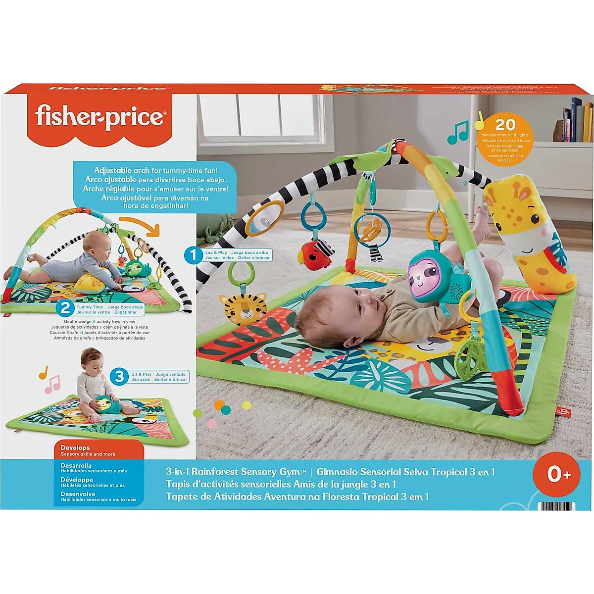 Fisher-Price Baby Playmat 3-in-1 Rainforest Sensory Gym with Music & Lights, Tummy Wedge & 5 Developmental Toys for Newborns 0+ Months