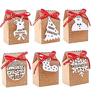 CCINEE 24PCS Bulk Christmas Goodies Bags,Kraft Holiday Gift Bags Christmas Gift Bags with Tags Snowflake Ribbons for Christmas Party Supplies