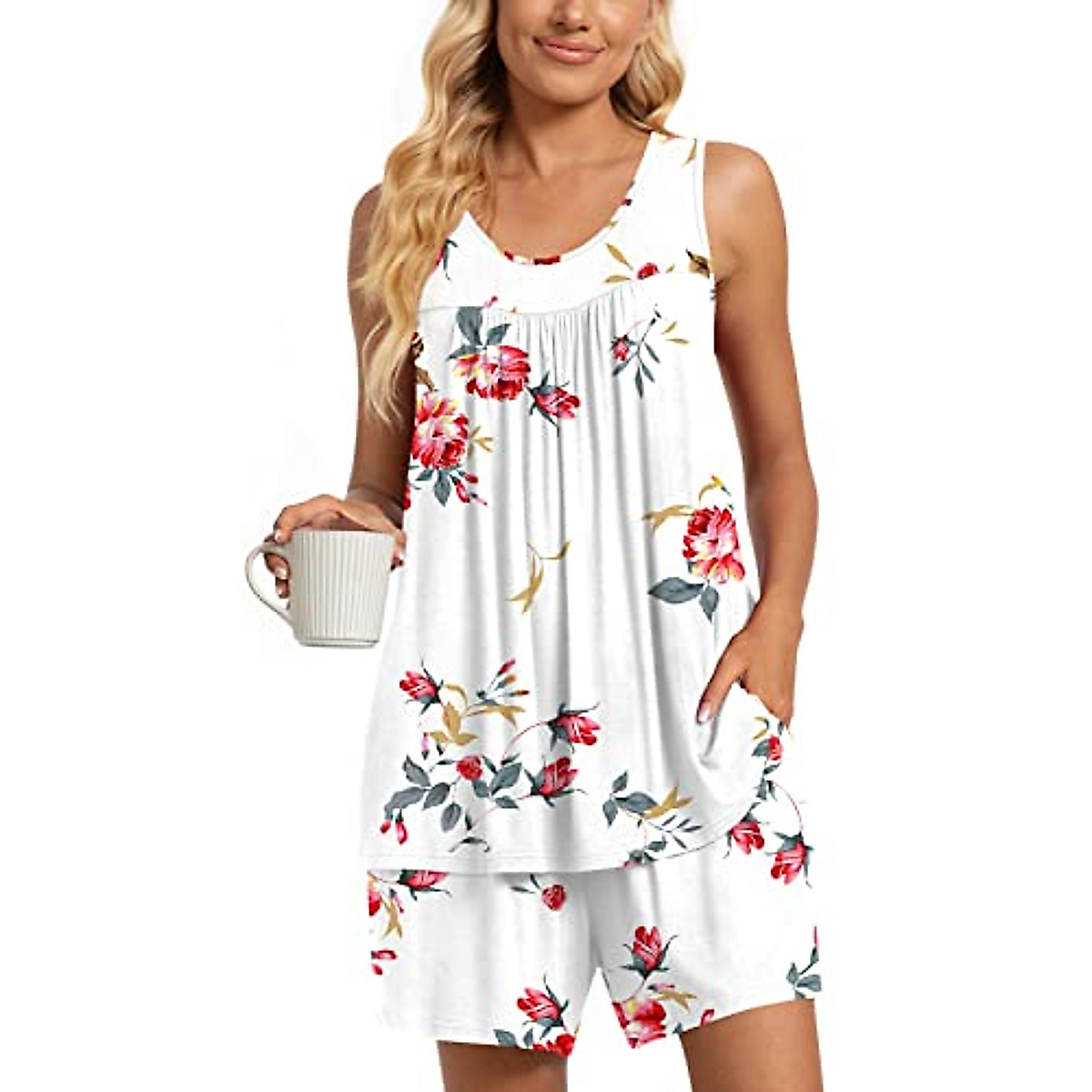 TAOHUADAO Womens Summer 2 Piece Pajama Sets, Sleeveless Pleated Tunic Tops with Comfy Shorts, Lounge Sleepwear Ladies Pjs Sets with Pockets XL, Floral White