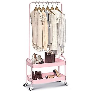 KINGRACK 2-in 1 Garment Rack, Clothing Rack with 2 Tier Metal Basket, Rolling Storage Cart Clothes Organizer Coat Rack Storage Stand on Wheels, for Home Bedroom Laundry Small Place Entryway, Pink