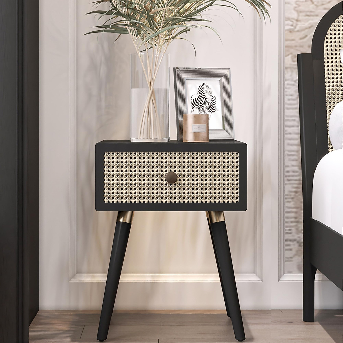 Bme Nipe Black Solid Wood Rattan Nightstand Fully Assembled, Woven Cane End Table, Bedside Table for Modern Bedroom, Boho Living Room with Long Wood Legs Large Storage 1-Drawer