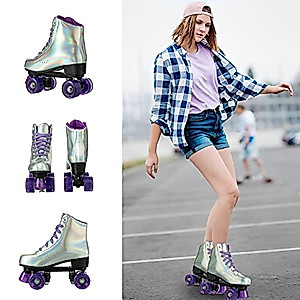 YYW Roller Skate for Women Men Light up Wheel - Double Roller Skater High-top PU Leather Roller Skate Shoes Adjustable PU Roller Skates with Four Piles for Adult Girls Beginners