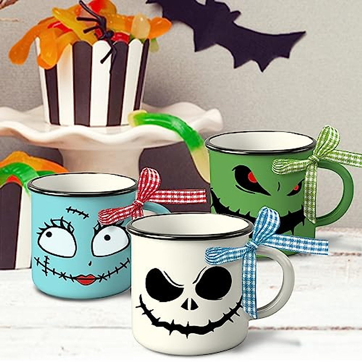 Paayna Halloween Mini Coffee Mug Set of 3, Night. mare BE Fore. Xmas Jack and Sally Spooky Face Mini Cups for Tiered Tray Decor, Kitchen Coffee Bar Party Decoration Centerpiece Fall Housewarming Gift