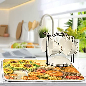 Fall Sunflowers Pumpkin Bird Dish Drying Mat, Drying Mat For Kitchen Counter, Absorbent Polyester Material, Heat-resistant Drying Mat 16 In x 18 In
