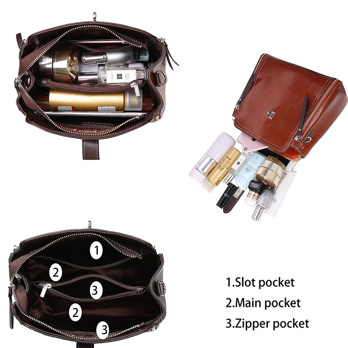 HESHE Leather Purses and Handbags Shoulder Bags Satchel Purses Ladies Pocketbook Bag Designer Crossbody Bags (Brown)