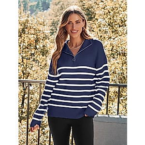 LILLUSORY Women's Quarter Zip Striped Oversized Sweater 2025 Mock Turtleneck Fall Fashion Outfit NavyBlue-White S
