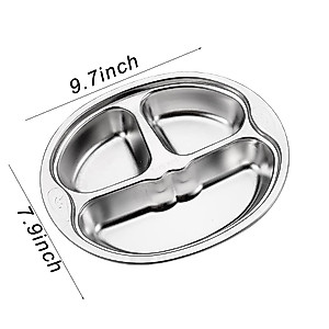 SOUJOY 4 Pack Divided Plate, Stainless Steel Diet Control Dinner Plate, 3 Sections Korean Unbreakable Monkey Shape Compact Food Serving Tray for Kids, Picky Eaters, Campers