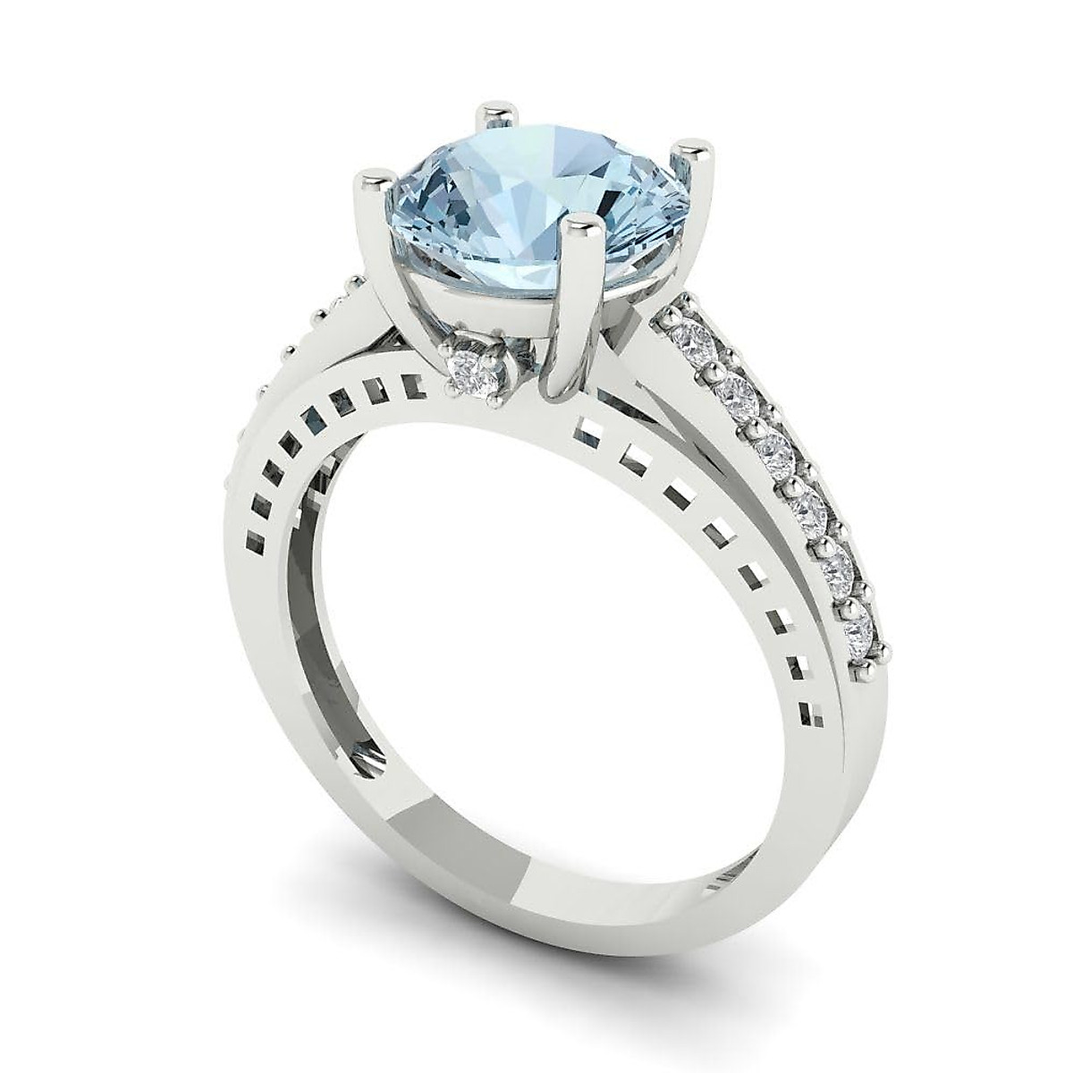 Clara Pucci 2.21 ct Round Cut cathedral Solitaire Natural Aquamarine Engagement Promise Anniversary Bridal Ring 18K White Gold 5.25