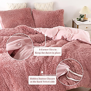 CAROMIO Fluffy Duvet Cover Set King Size, Luxury Soft Faux Fur Duvet Cover with Button Closure Corner Ties, 3 Piece Shaggy Bedding Set with 2 Pillow Sham for Cold Winter (King, Pink)