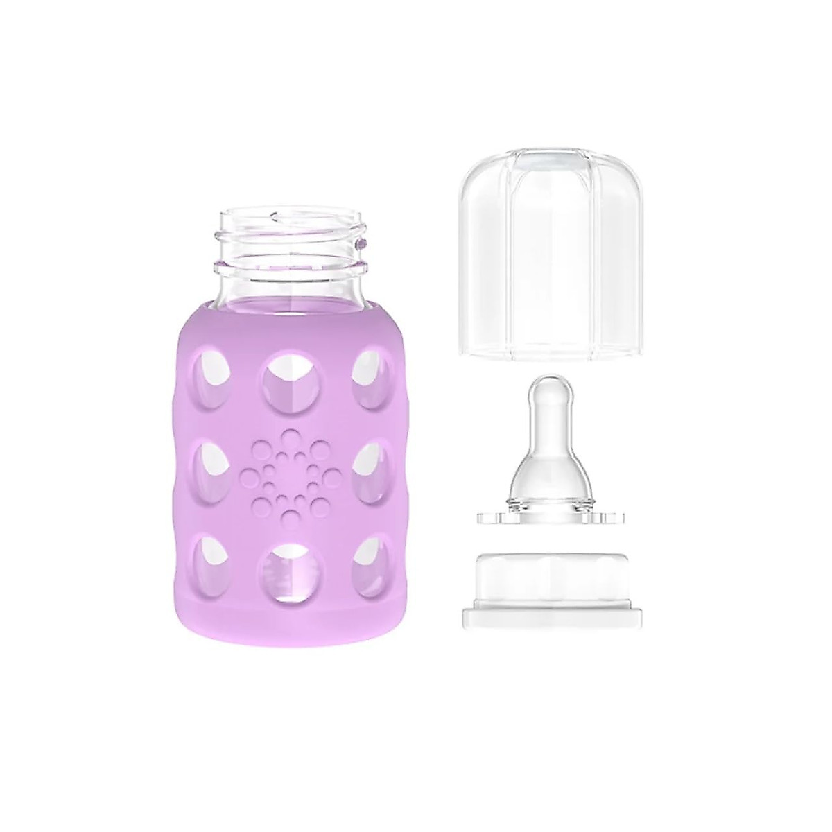 Lifefactory Glass Baby Bottles with Silicone Protection - 4-Pack, 4 oz Each Bottle (2- Lavender, 1- Mint & 1- Cantaloupe)