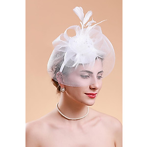 Cizoe Tea Party Fascinator Hats for Womens 50s Headwear with Veil Flower Cocktail Wedding Church Kentucky Derby Hat(02-white)
