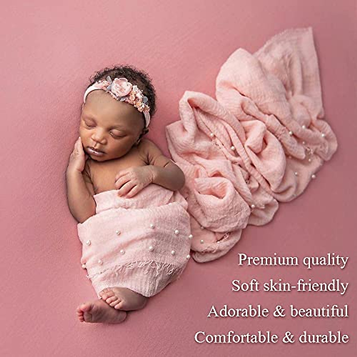 4 PCS Newborn Photography Props Wrap Knit Handmade Pearl Decor Wrap Blanket Swaddle Baby Photo Props Baby Photoshoot Props Prop 2PCS Newborn Photography Wraps + 2PCS Headband(Snow Powder/Beige)