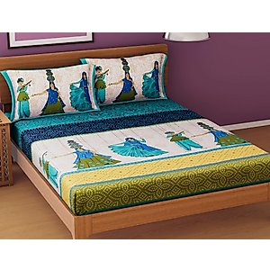 Traditional Jaipur Cotton Rajasthani Ghoomar Dance Printed Reversible Duvet Cover, Sanganeri Doona Cover 84x90 Inches with 2 Pillowcovers