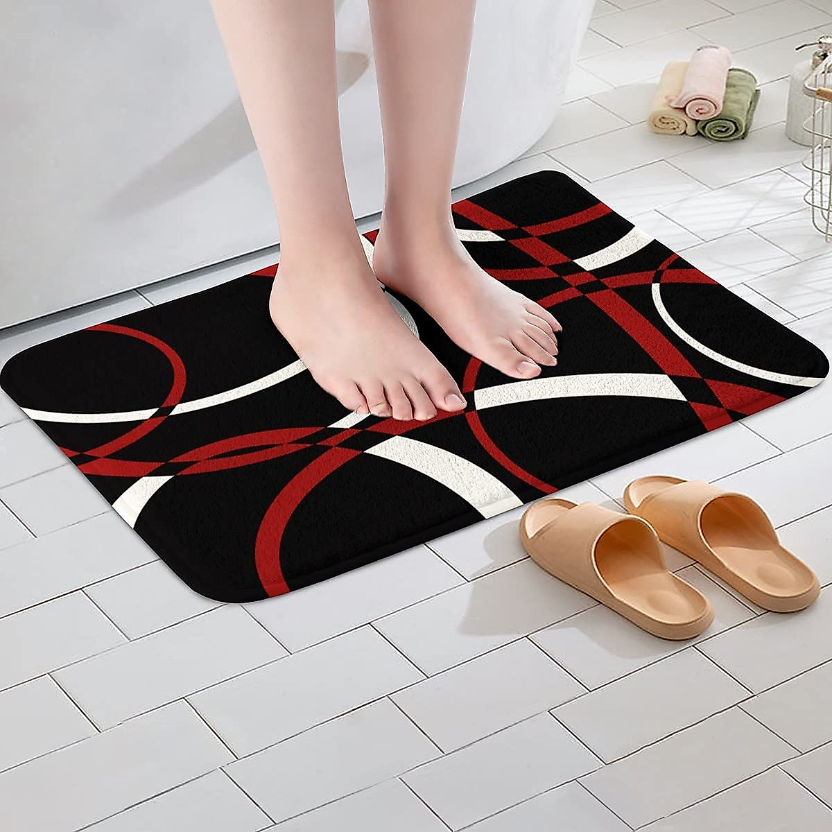 LTAETHC Bath Rugs, Black Red White Abstract Stripes Non-Slip Durable Mat 16" x 24" Geometric Circle Memory Foam Soft Bath Mats Absorbent Mat for Shower Bathroom