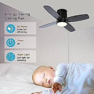 Ohniyou Ceiling Fan with Lights - 38'' Small Flush Mount Ceiling Fans Remote & APP Control - Dimmable Indoor Outdoor Quiet DC Low Profile Ceiling Fan for Patio Kitchen Bedroom(Black)