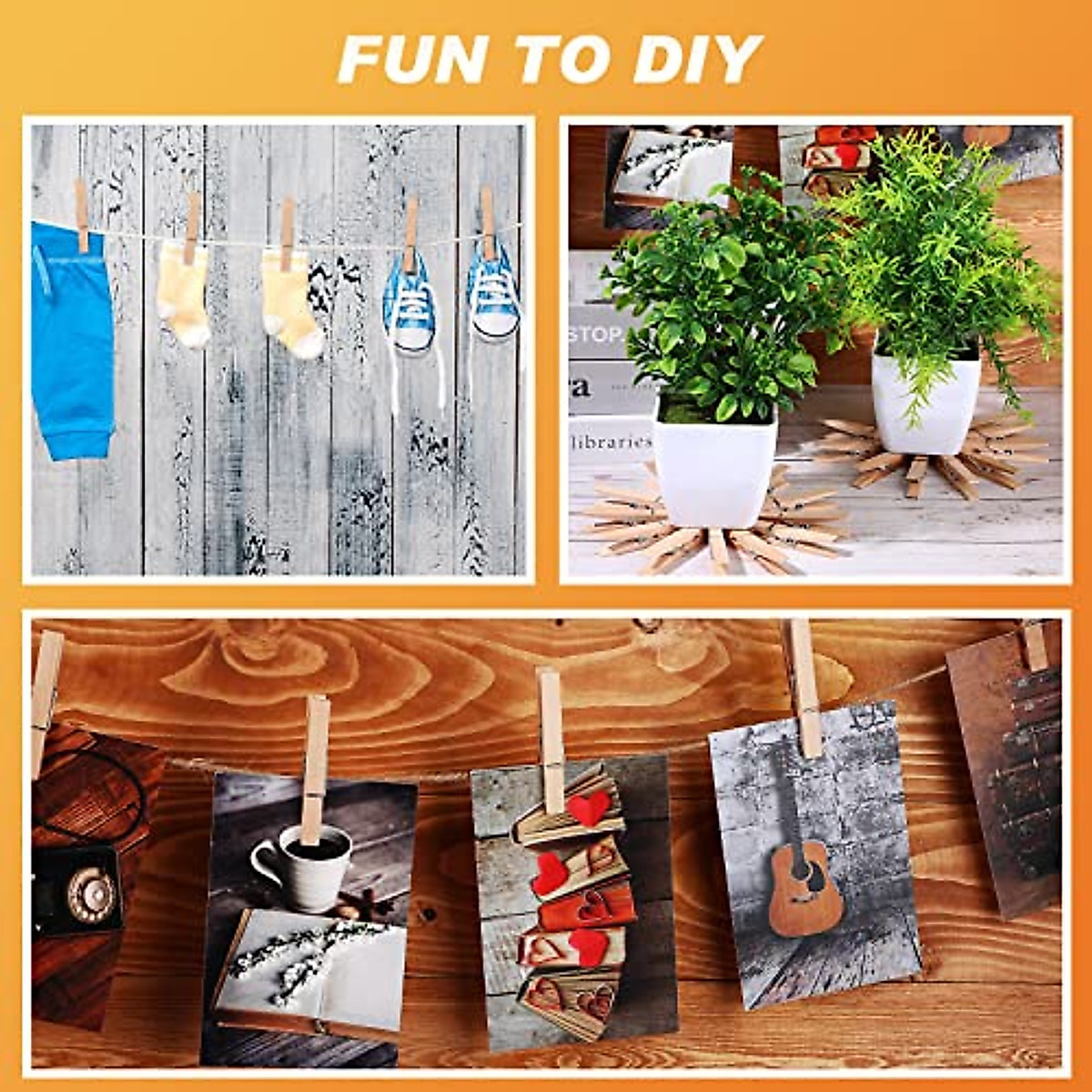 Clothes Pins Bag Holder Laundry Canvas Clothespin Bag with Hanging Hook, 100 Pieces 2.8 x 0.4 Inch Large Wooden Clips Wood Clothespins with Spring for Line-Drying