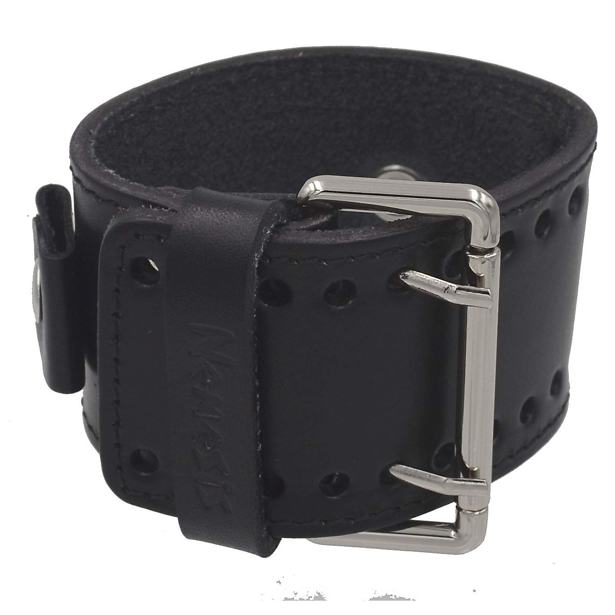 Nemesis LBB-KK 24mm Lug Width Wide Black Leather Cuff Wrist Watch Band with Black Stitching