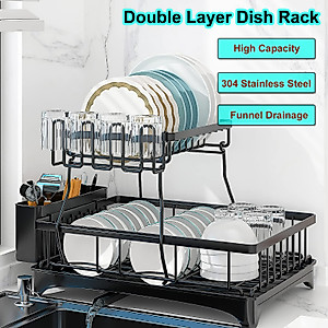 XIYAO Kitchen Dish Dring Rack with Drainboard, 2-Tier in Sink Dish Drying Rack with Utensil Holder for Kitchen Counter, Large Capacity Dish Strainers with Water Bottle Drying Rack (Black)