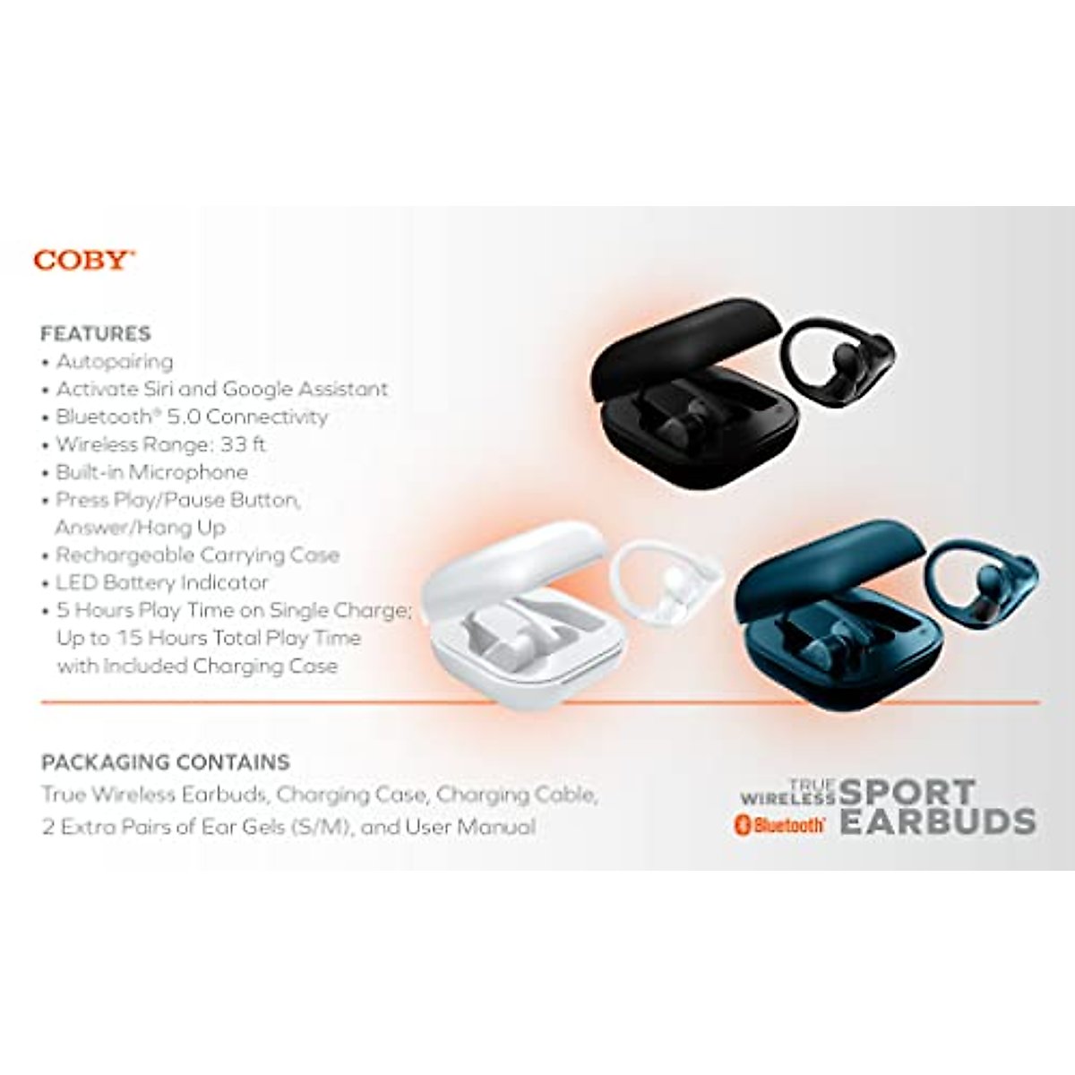 COBY True Wireless Sport Earbuds 15 Hours, Charging Case, Playback Controls, Siri and Google Assistant, Auto Bluetooth 5.0 Pairing, for Gym, Running, Workout - Works with iPhone, Android, iPad (Black)