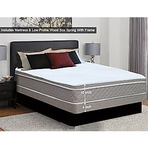 Mattress Comfort Medium Plush Eurotop Pillowtop Innerspring Mattress and 4" Low Profile Wood Boxspring/Foundation Set, with Frame, Full XL, Size