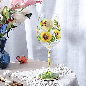NymphFable Hand-painted Wine Glass Sun Flower Butterfly Artisan Painted 15oz Personalised SunFlower Gifts for Women
