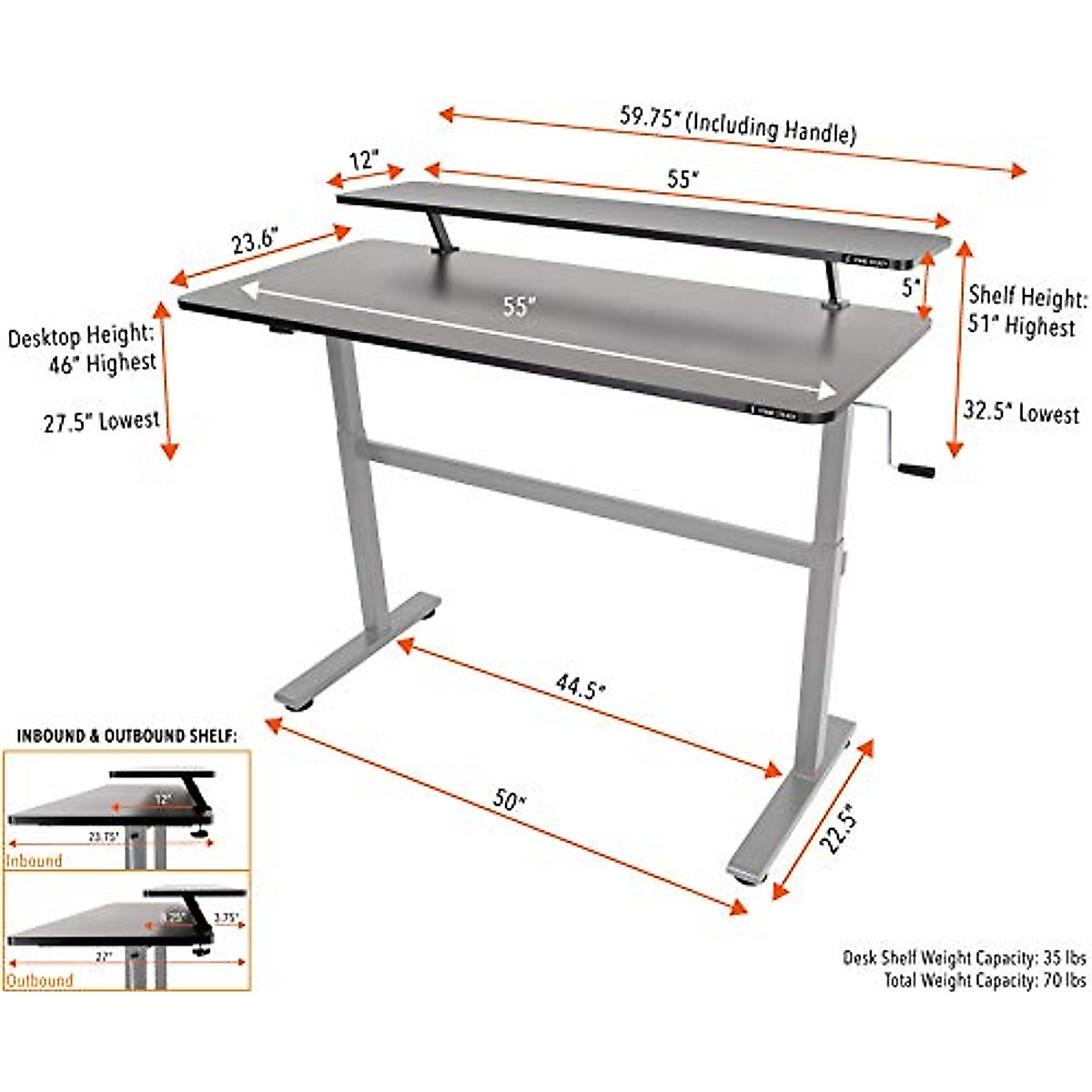 Stand Steady Tranzendesk 55 in Standing Desk with Clamp On Shelf | Easy Crank Height Adjustable Stand Up Workstation w/Attachable Monitor Riser | Holds 3 Monitors & Adds Desk Space (55/Silver Base)