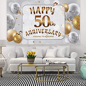 50th Happy Anniversary Decorations Large White Gold Sign Poster for 50th Anniversary Backdrop Banner Cheers To 50 Years Anniversary Party Decorations Supplies for Parents