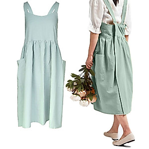 losofar Women Girls Cross Back Apron Gardening Works Cotton Aprons Pinafore Dress (green, 32.3" x 41.3")