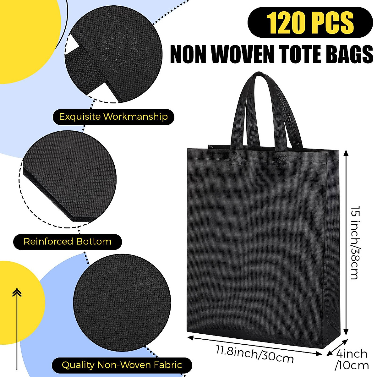 Silkfly 120 Pcs Non Woven Tote Bags Bulk 11.8 x 4 x 15 Inch Large Reusable Gift Bag Fabric Grocery Bags with Handles(Black)