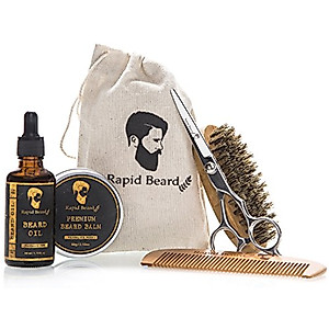 Beard Grooming & Trimming Kit for Men Care - Beard Brush, Beard Comb, Unscented Beard Oil Leave in Conditioner, Mustache & Beard Balm Butter Wax Growth, Styling Scissors - Stocking Stuffers Gift set