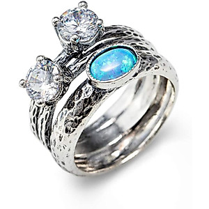 Joolala 1 Carat Round White Cubic Zirconia and Oval Blue Fire Opal Stylish Ring in 925 Sterling Silver - for Women, Size 5