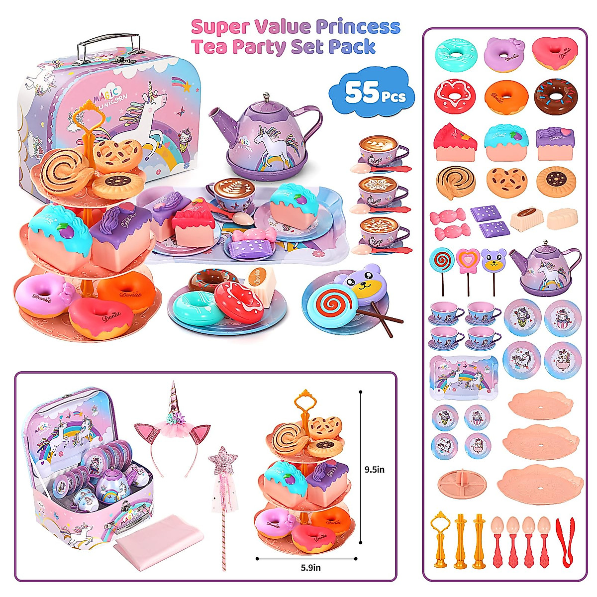 55Pcs Tea Party Set for Little Girls, Princess Tea Party Set, Unicorn Kid Tin Tea Set,Kids Kitchen Pretend Toy, Toddler Tea Party Sets for Girls 3-5, Girls Tea Party Set Gift for 4 + Year Old Girl