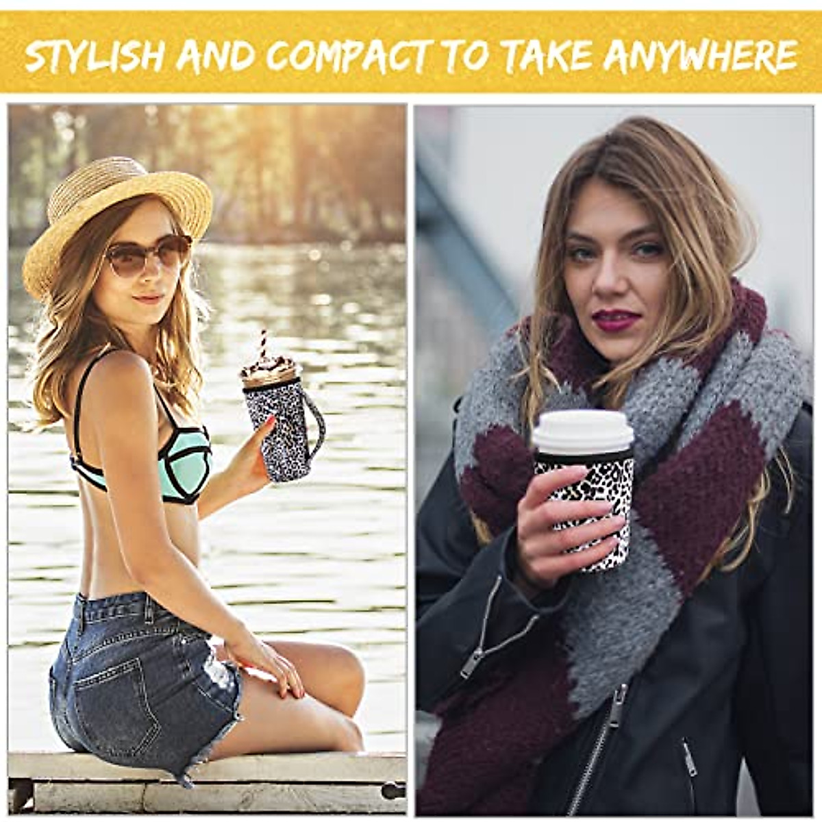 TIESOME Reusable Iced Coffee Sleeves, Leopard Print 3 Pieces Neoprene Cup Sleeve Coffee Cup Holder for Iced & Hot Drinks Beverages Sleeve for Most Coffee S+M+L 3 Size