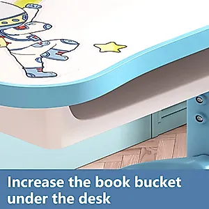 Kid Desk, Desk and Chair Set, Study Desk, Children Table and Chair Set, Widened Desktop with Tilt Book Stand Drawer Cartoon Pattern Height Adjustable School Study Desk Set for Boys Girls (3-5 days)