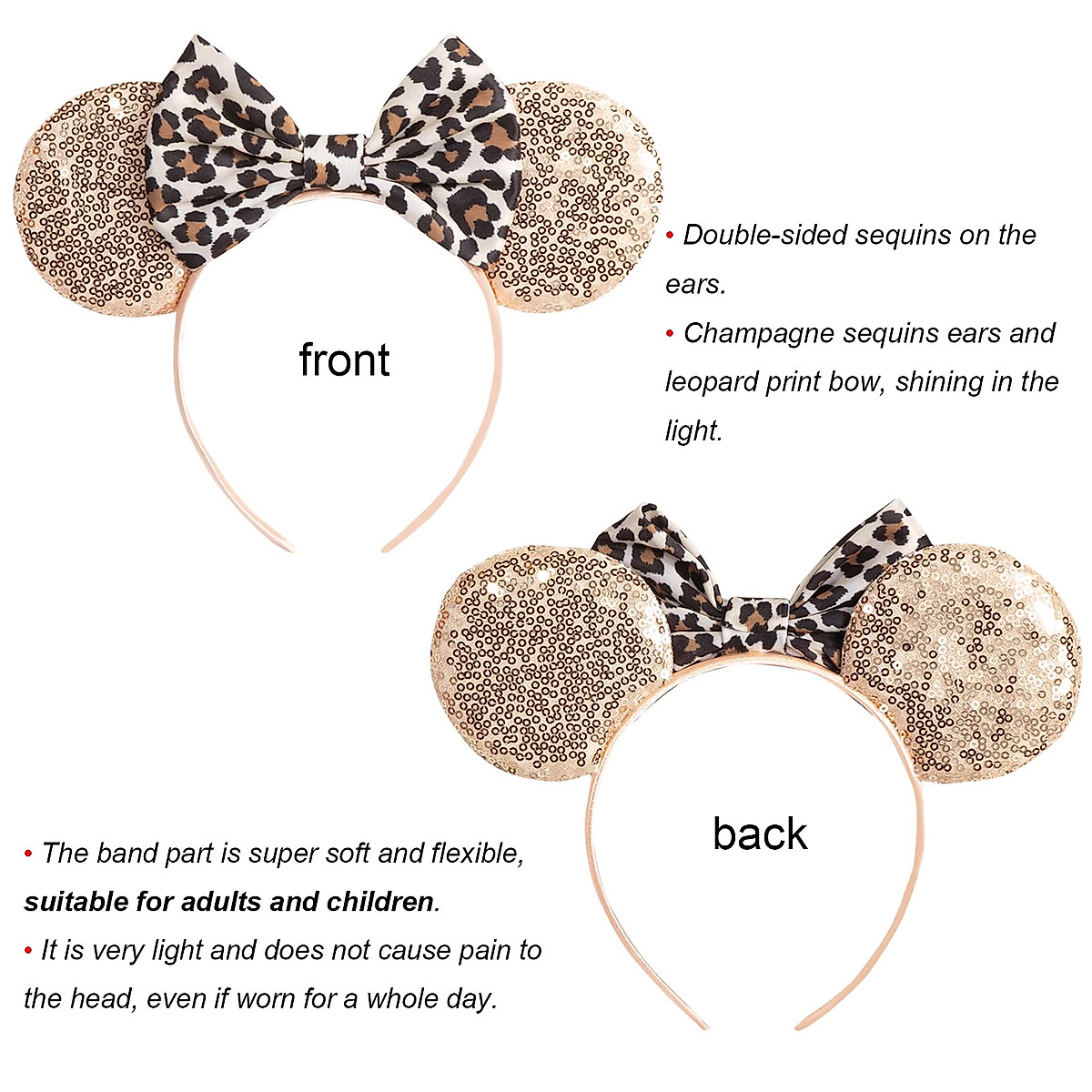 CHuangQi Mouse Ears Headband with Shiny Bow, Double-sided Sequins Glitter Hair Band, for Birthday Party Celebration & Event (XC11)
