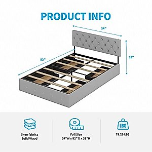 Mjkone Full Size Bed Frame, Upholstered Platform Bed Frame with 4 Built-in Storage Drawers & Adjustable Headboard, Button Tufted Design, No Box Spring Needed- Light Grey