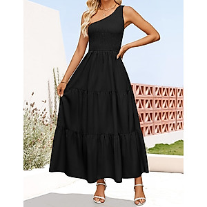 ZESICA Women's 2025 Bohemian Summer Floral Print One Shoulder Sleeveless Smocked Ruffle Tiered Beach Long Midi Dress,Black,Medium