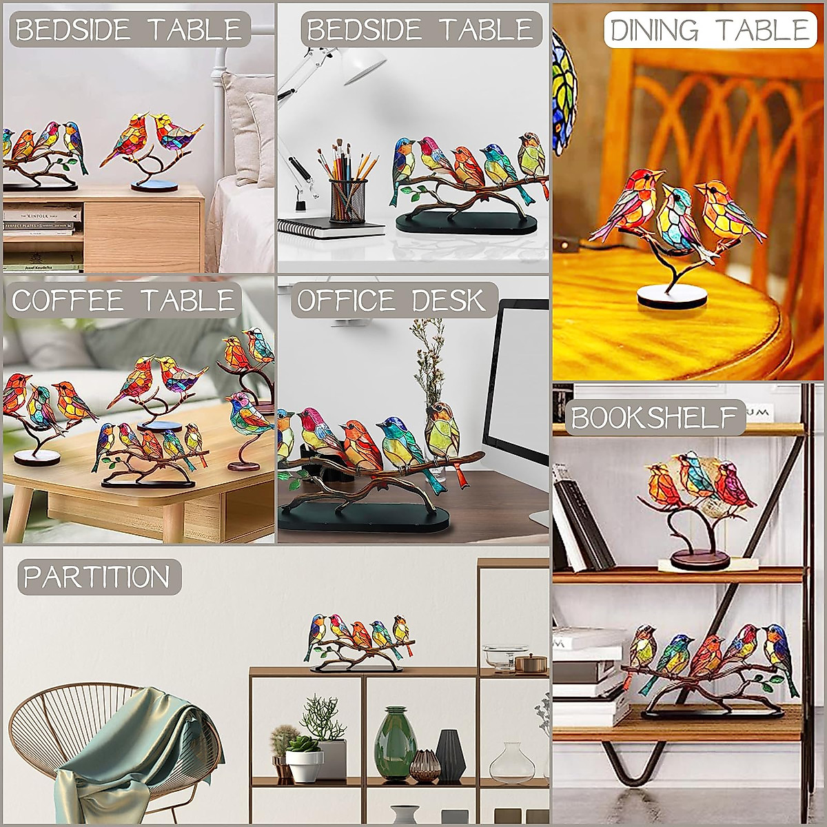 VNRGG Stained Birds On Branch Desktop Ornaments Double Sided Metal Flatness Table Art Home Room Decoration Suitable for Office Wine Cooler Decor(5 Birds on a Branch)