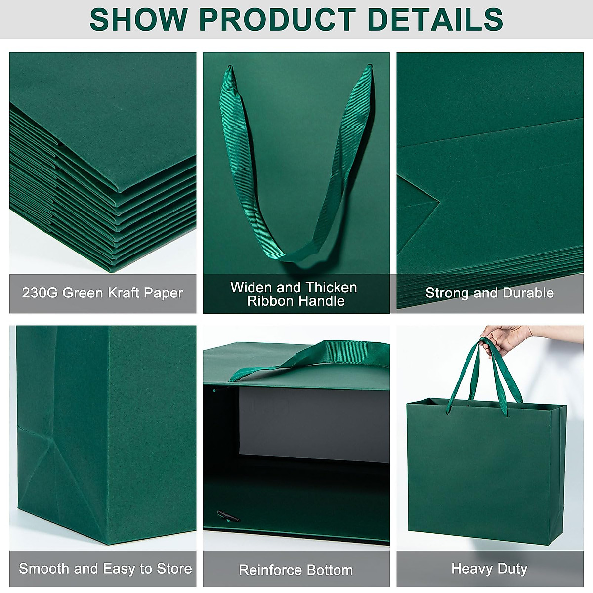 Umoofine Large Green Gift Bag with Ribbon Handles 12 Pack, 12.6x4.5x11 inches Extra Large Blackish Dark Green Gift Bag , Reusable Heavy Duty Deep Green Kraft Bag Paper Bags Bulk for Shopping, Wedding,