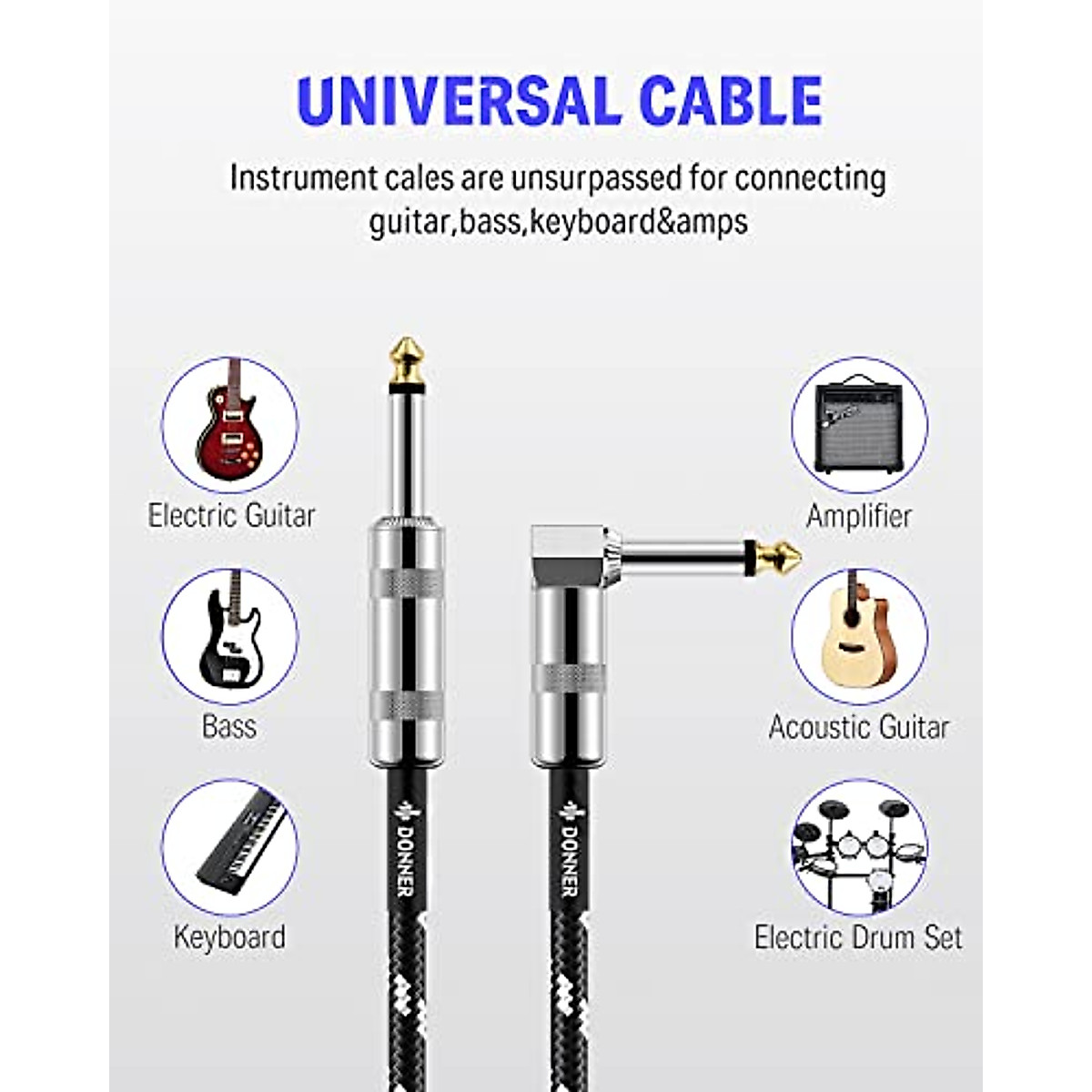 Donner Guitar Cable 10 ft, Electric Instrument Cable Bass Amp Cord for Electric Guitar Bass Amplifier Audio, 1/4" Right Angle to Straight, Black White