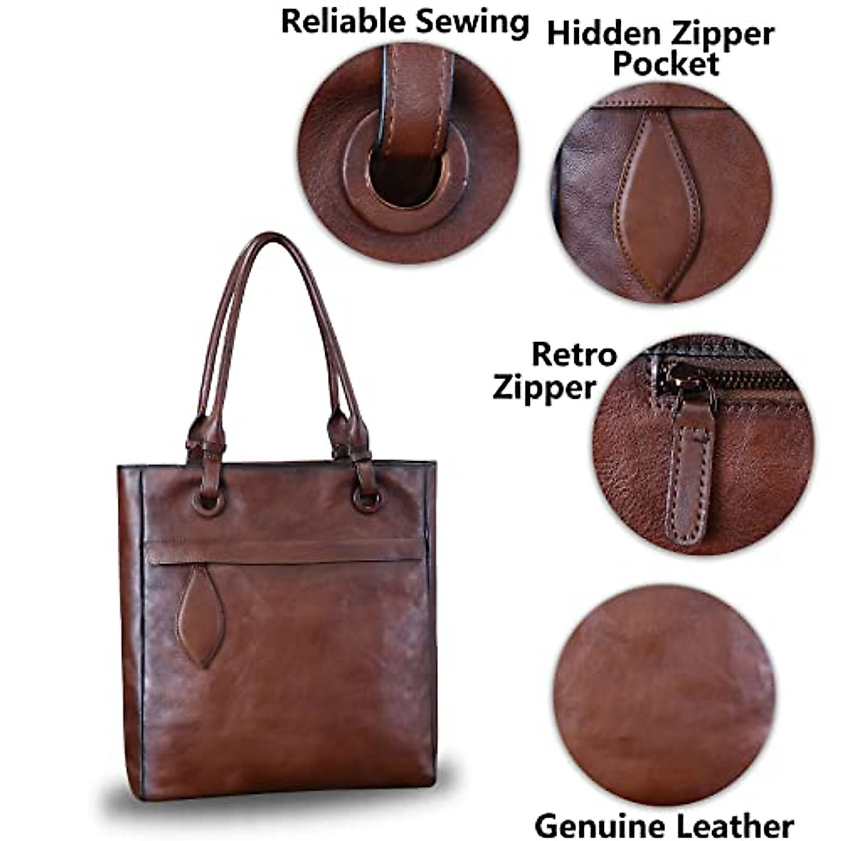 Genuine Leather Handbag Purses for Women Top Handle Bag Lady Work Tote Bags Retro Satchel (Coffee)