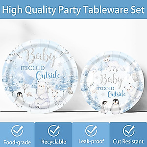 170pcs Winter Woodland Baby Shower Decorations Arctic Animals Plates Napkins Baby It's Cold Outside Snowflake Penguin Arctic Fox Tableware Set Banner Tablecloth for 24 Guests